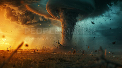 Tornado, storm and dust with clouds of hurricane in nature, landscape ...