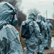 People, safety suit and protection for natural disaster with helping ...