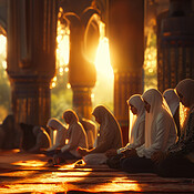 Muslim, praying and Islamic people in mosque for worship, spiritual ...