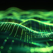 Sound wave, green wallpaper and abstract glow with connection dots for ...