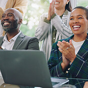 Happy black people, team and applause in meeting, conference and achievement of success in ...