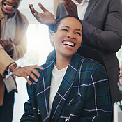 Happy black woman, congratulations and business people applause ...