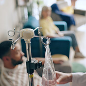 Hospital, healthcare and closeup of IV drip for medicine, drug infusion ...