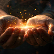 Hands, stars and holographic overlay of support for hope, prayer and ...