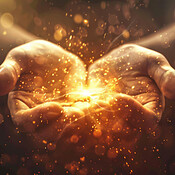 Hands, flare and holographic overlay of light for hope, prayer and care ...