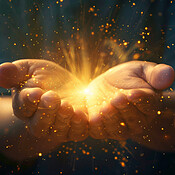 Hands, light and holographic overlay of hope for support, prayer and ...