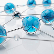 Science, innovation and 3d molecule of water, atom and structure for ...