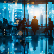 Bokeh, meeting and silhouette of business people in office for ...