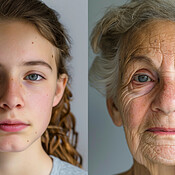 Senior, youth and generation of life, portrait and growth of face ...