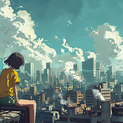 City, landscape and anime with girl for art, pollution and child future ...