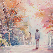Art, japan and anime person walking in town with cherry blossom trees ...