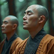 Monk, forest and calm meditation for peace or spiritual growth ...