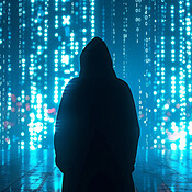 Code, cybersecurity and database with silhouette of hacker on programming language for phishing ...