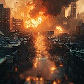 Fire, city and explosion for danger, destruction and burning energy ...