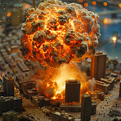 Explosion, destruction and mushroom cloud in city from nuclear rocket ...