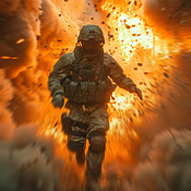 Soldier, explosion and fire from bomb in war with battle or apocalypse ...