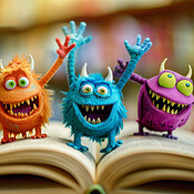 Book, fantasy and happy monster in library for imagination, adventure ...