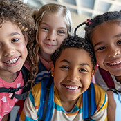 Children, students and happy portrait in school or kindergarten for ...