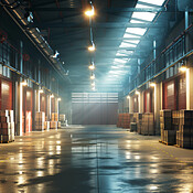 Interior, inventory and warehouse with empty depot or facility for ...