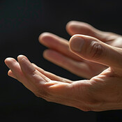 Belief, prayer and hands of Islamic person closeup for faith or ...
