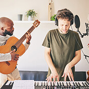 Music, piano and friends with guitar recording in home studio together ...