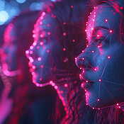 Women, robotics and face with scan, ai and futuristic with automation ...