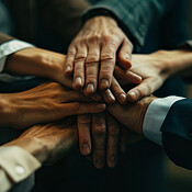 Business people, partnership and stack with hands together, cooperation ...