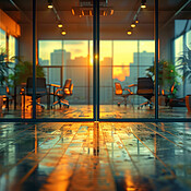 Business, skyline and empty office with furniture, sunset and city ...