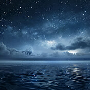 Night, sky and stars by ocean in universe for illustration, light and ...