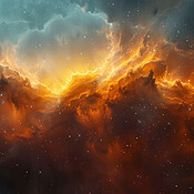 Space, abstract and clouds with fire in sky for cosmic inferno ...