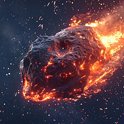 Asteroid, comet and flames in outer space for danger, fire and speeding ...