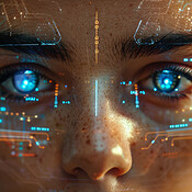 Woman, futuristic and technology to scan face for security, hud and ai ...