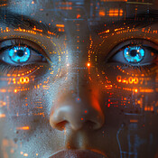 Girl, futuristic and technology with hud on face for ai, machine ...
