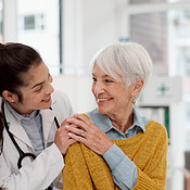 Happy, hug and face of a doctor with a woman for medical trust ...