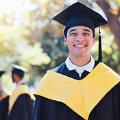 Happy man, portrait and student with graduation hat in nature for ...