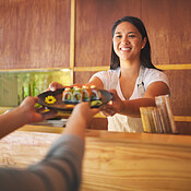 Sushi chef, restaurant worker and woman with smile from food and Asian ...