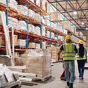 People, warehouse and storage for logistics with boxes, shelf and ...