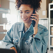 Small business, smile and woman with phone call, retail and boxes of ...