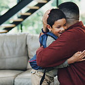 Smile, hug and kid with dad in home together for fathers day ...