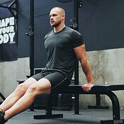 Gym, bench and man with dips workout for body building, strength and ...