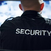 Security guard, computer screen and watch by cctv monitor for ...