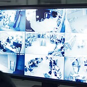 Security guard, inspection and woman by cctv monitor for protection ...