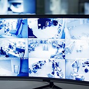 Security, business and computer with split screen, control room and ...