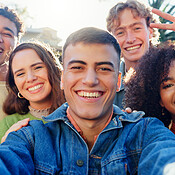 Friends, portrait and selfie in backyard on holiday and get together or ...