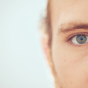 Closeup portrait of unknown squash player’s eye looking focused before ...