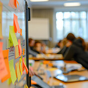 Whiteboard, information and office with sticky notes for planning in ...