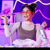 Girl, live stream and social media in home with screen, ux and content ...