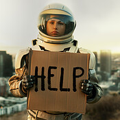 Help, portrait and sign with astronaut in city, outdoor on planet earth ...