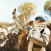 Astronaut, woman and phone for lost on planet outdoor with no signal ...