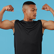 Black man, flex arms and muscle in studio with growth, power and ...
